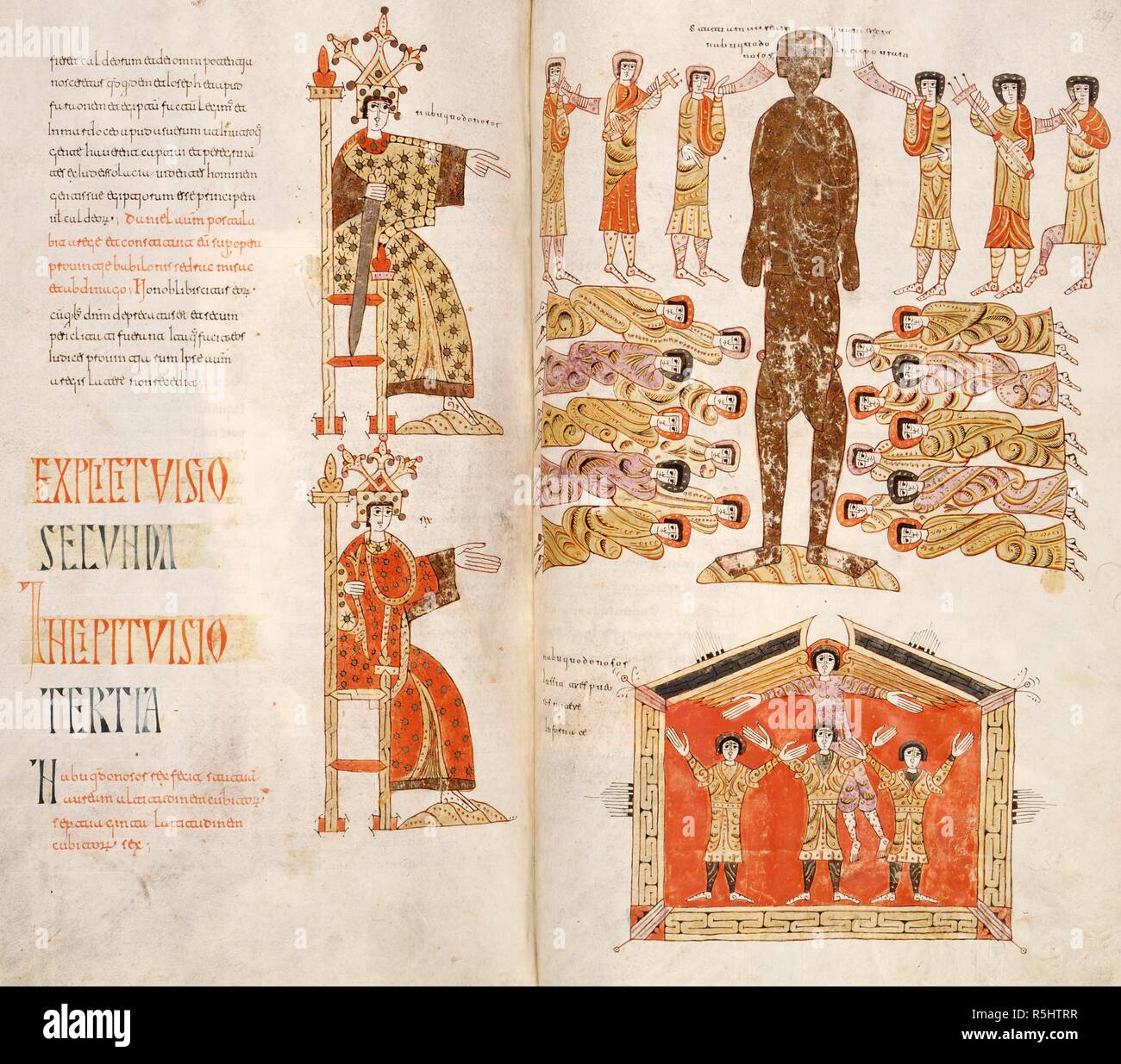 Nebuchadnezzar enthroned; adoration of the statue; the three young men ...