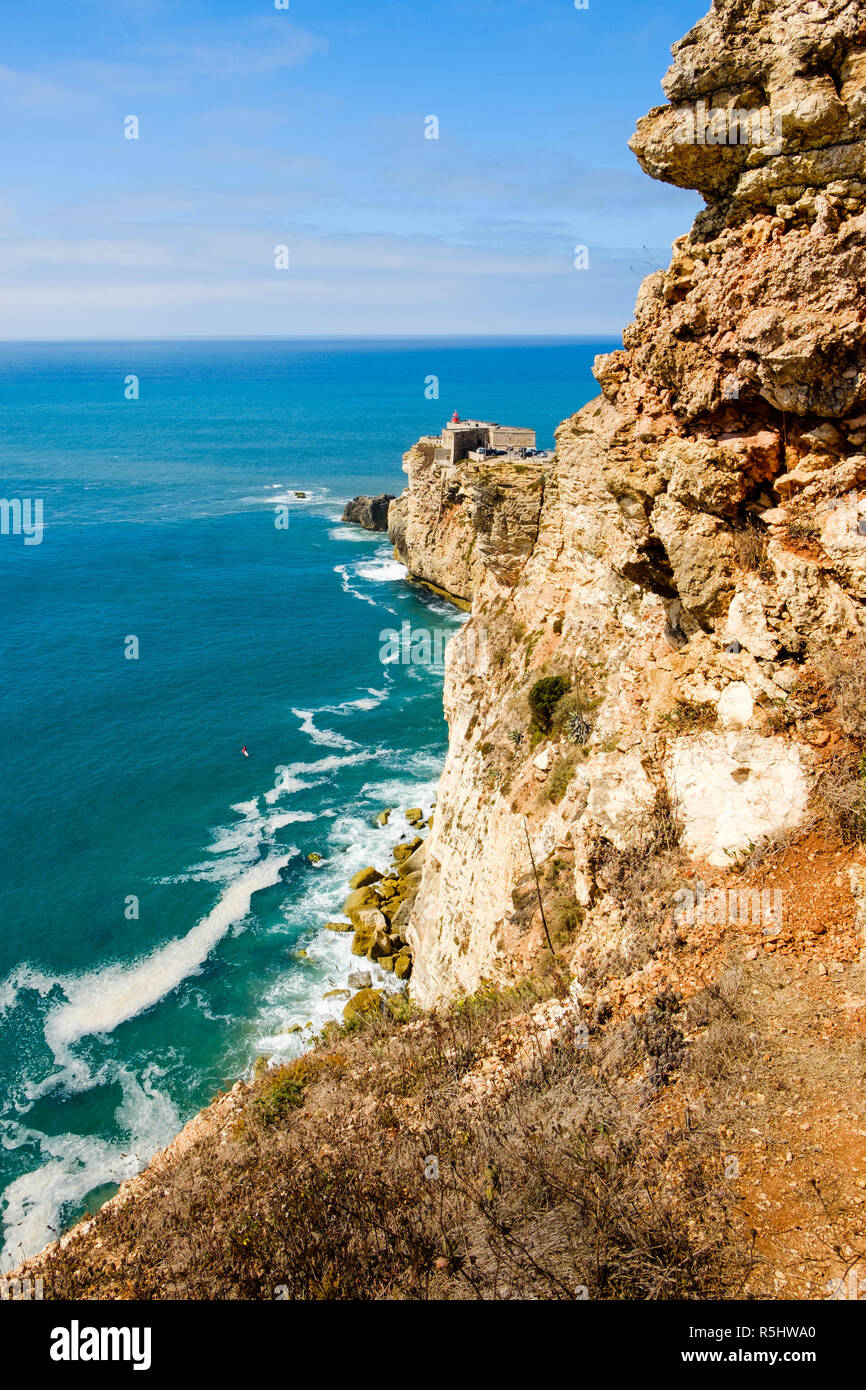 Nazare, Portugal - September 20, 2018 : On the cliffs of yellow stone ...