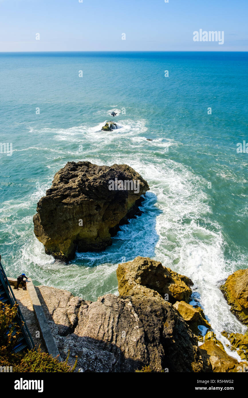 Nazare, Portugal - September 20, 2018 : On the cliffs of yellow stone ...