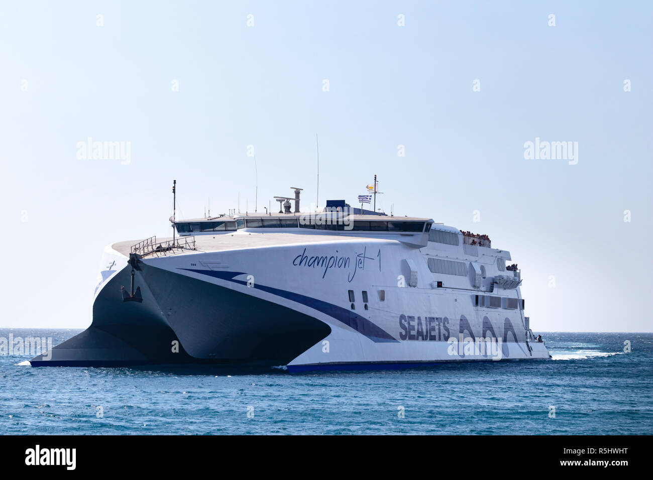 MYKONOS, GREECE - September 2, 2018: A hydrofoil catamaran ferry ...