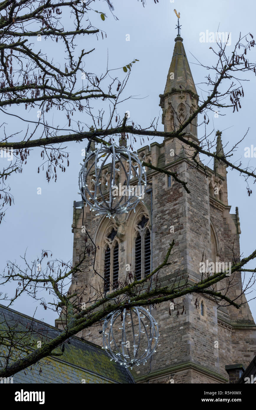 church bell tower or steeple with christmas decorations and fairy ...