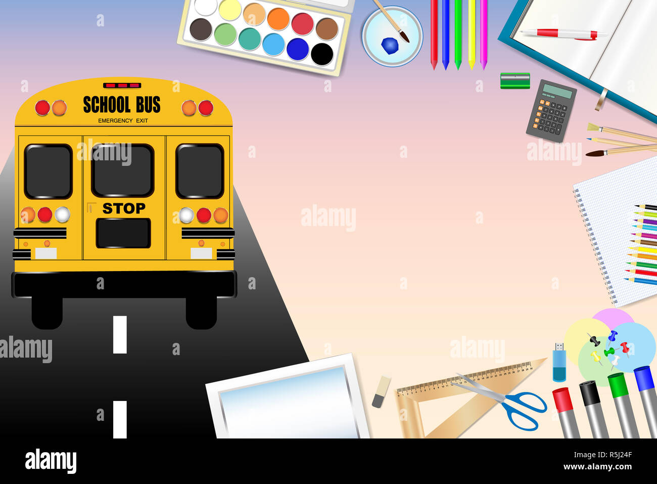 School bus on the road and school equipment Stock Photo - Alamy