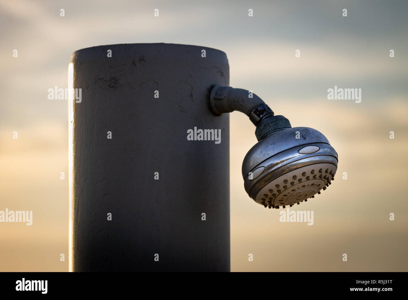 Close-up of a steel shower sprinkler attached to a grey rounded pole ...