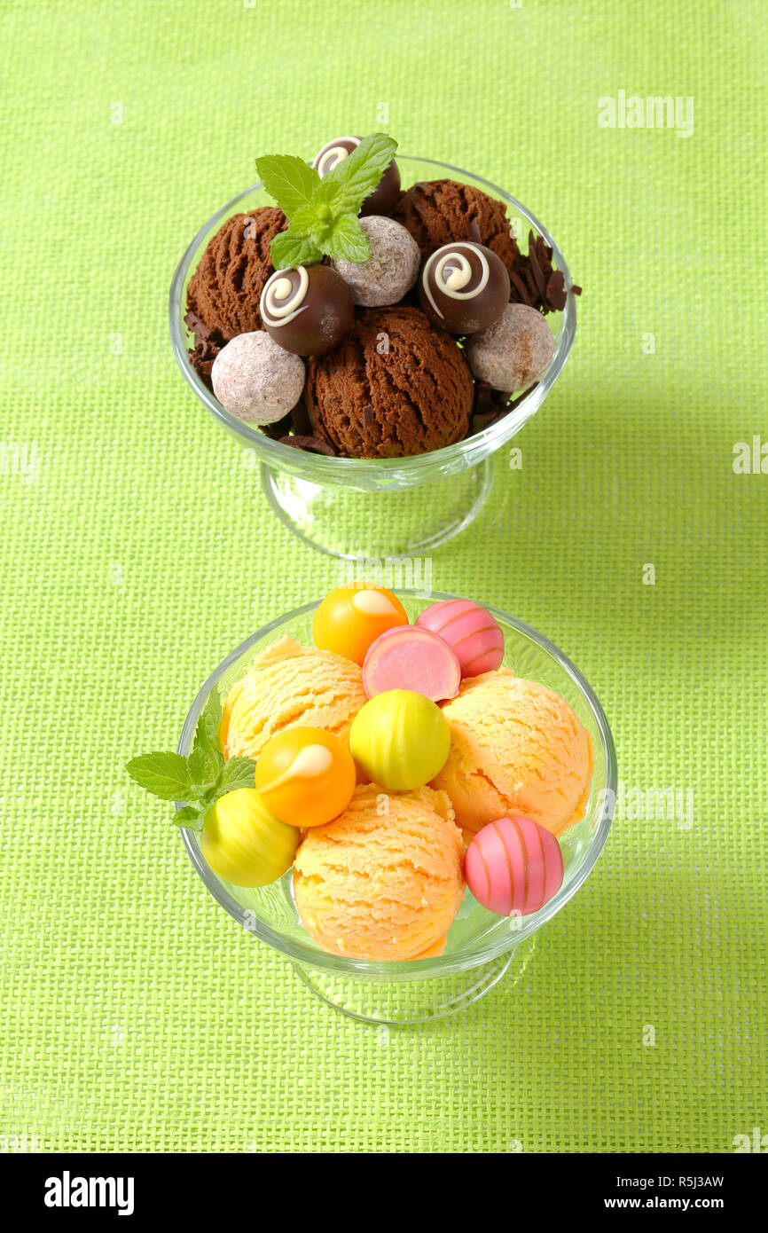 Ice cream coupes with chocolate truffles and fruit-flavored pralines ...