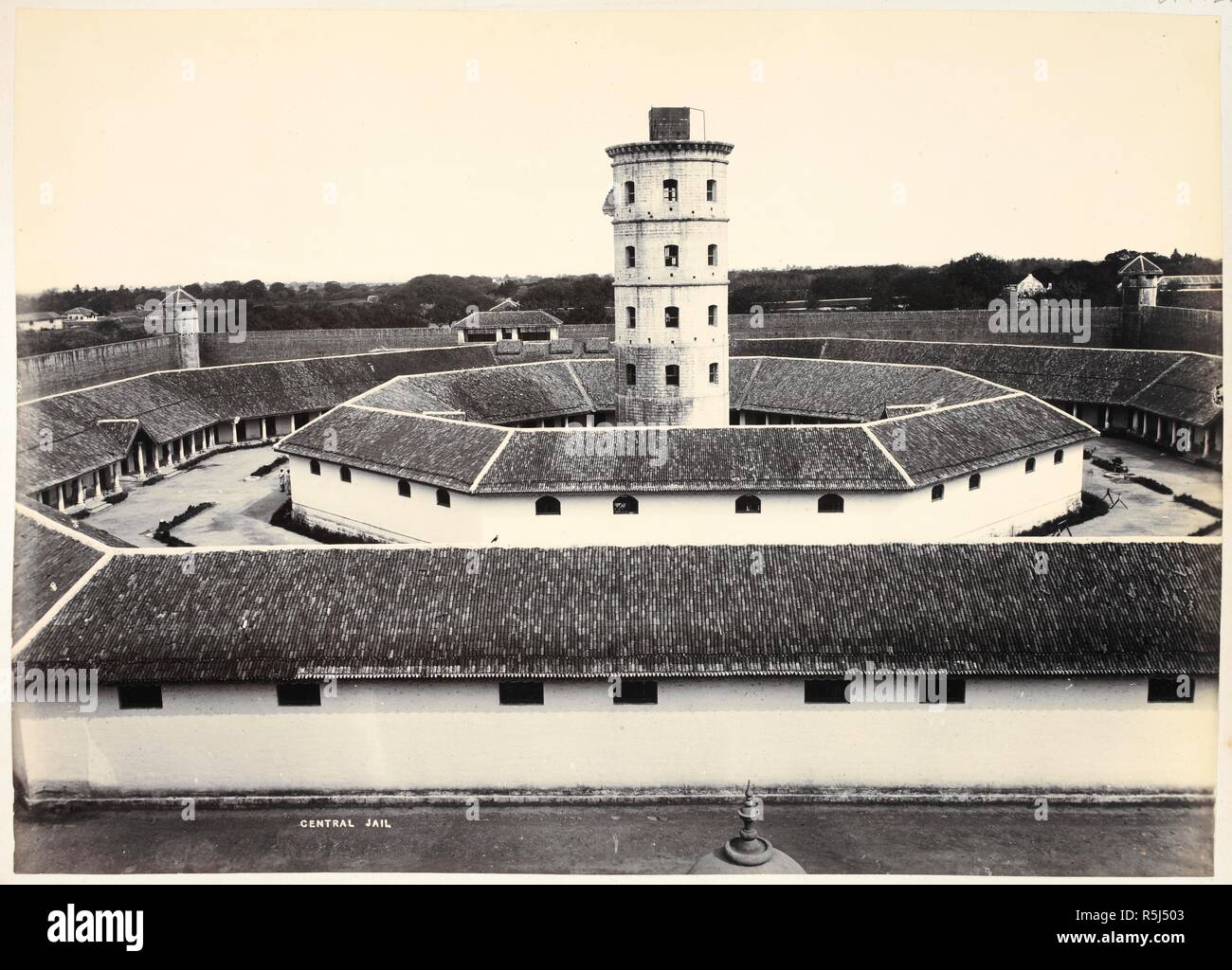 A view of the Central Jail, Junagadh, from the main gate looking down ...