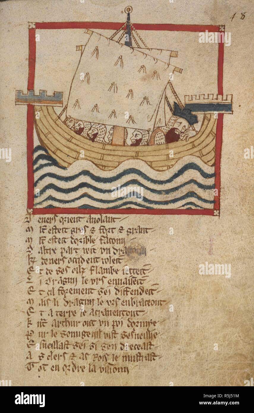 King Arthur asleep on board a ship, accompanied by his knights ...