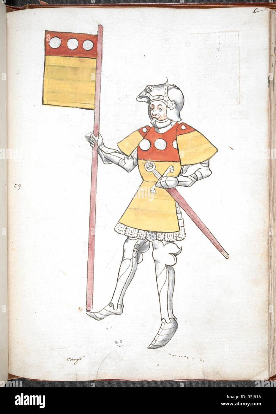 Coloured drawing of a knight in armour and tabard. Legh's Men of Arms ...