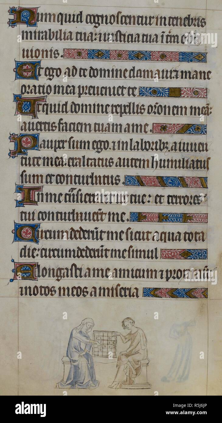 Bas-de-page scene showing a woman and man, seated on plinths, playing ...