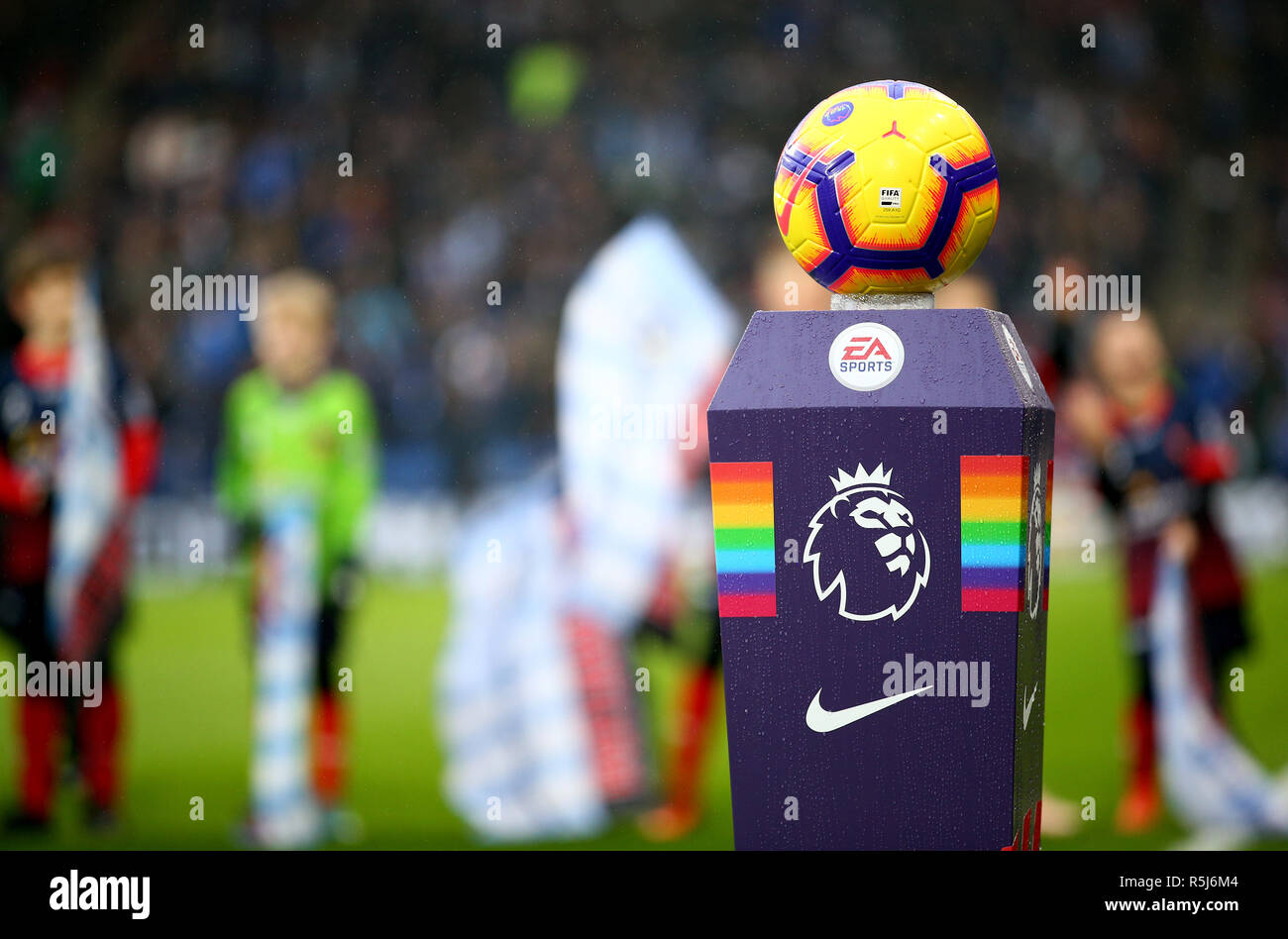 A view of the match ball on a plinth before the Premier League match at ...