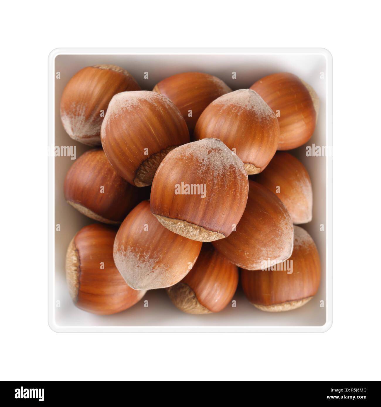 Hazelnuts in square bowl isolated on white background Stock Photo - Alamy