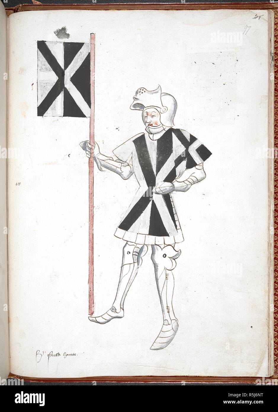 Knight, in armour and tabard, holding a sword and a standard with ...