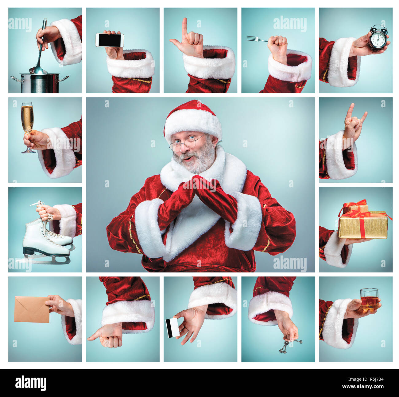 The collage from hand in costume Santa Claus Stock Photo - Alamy