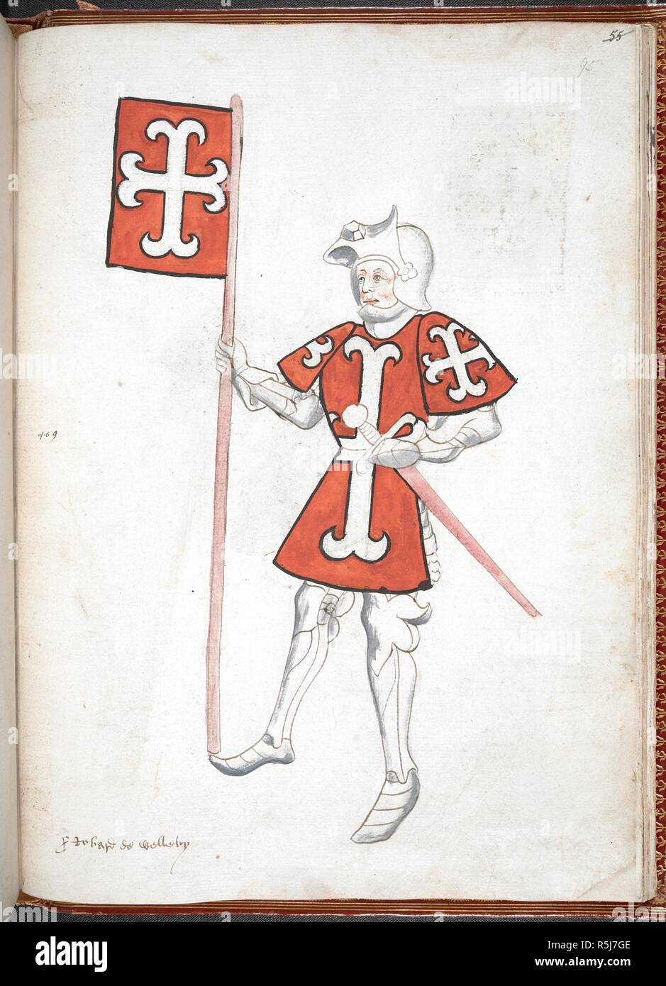 Knight, in armour and tabard, holding a sword and a standard with ...