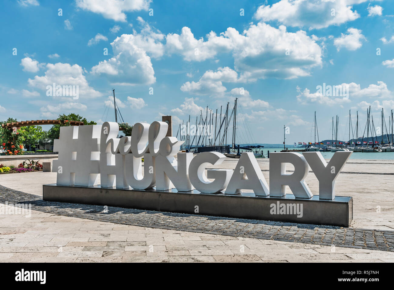 The lettering Hello Balaton is located on the beach promenade of ...