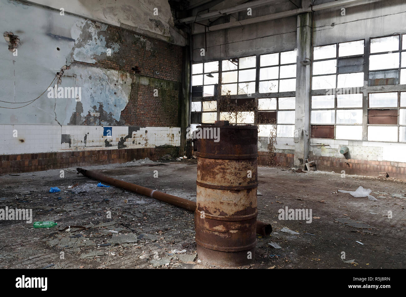 Ruins of abandoned factory or warehouse, large creepy and empty ...