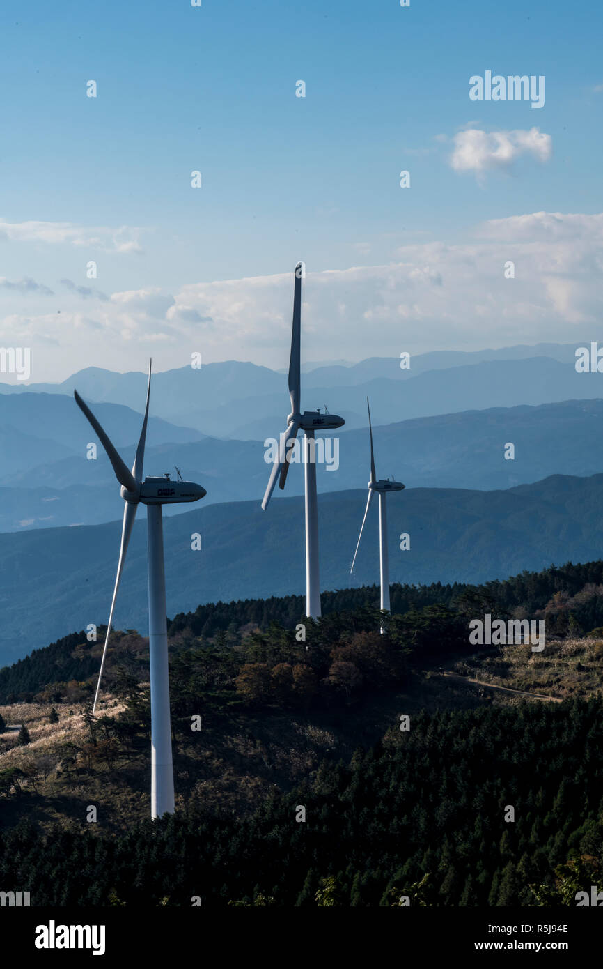 Wind generator turbines standing in the forest. Aoyama Plateau, Mie ...