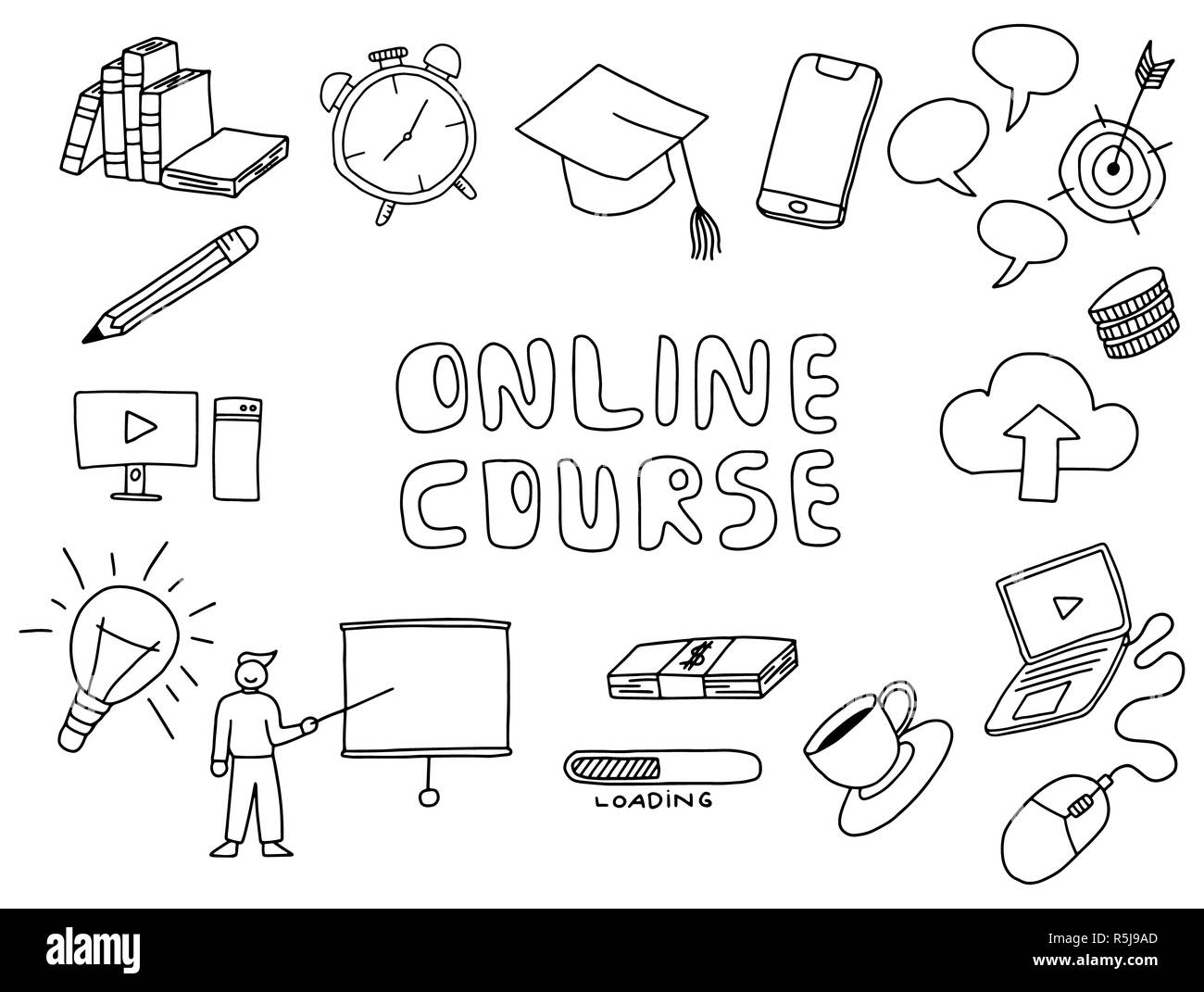 online course doodle illustration art with paper background black and ...