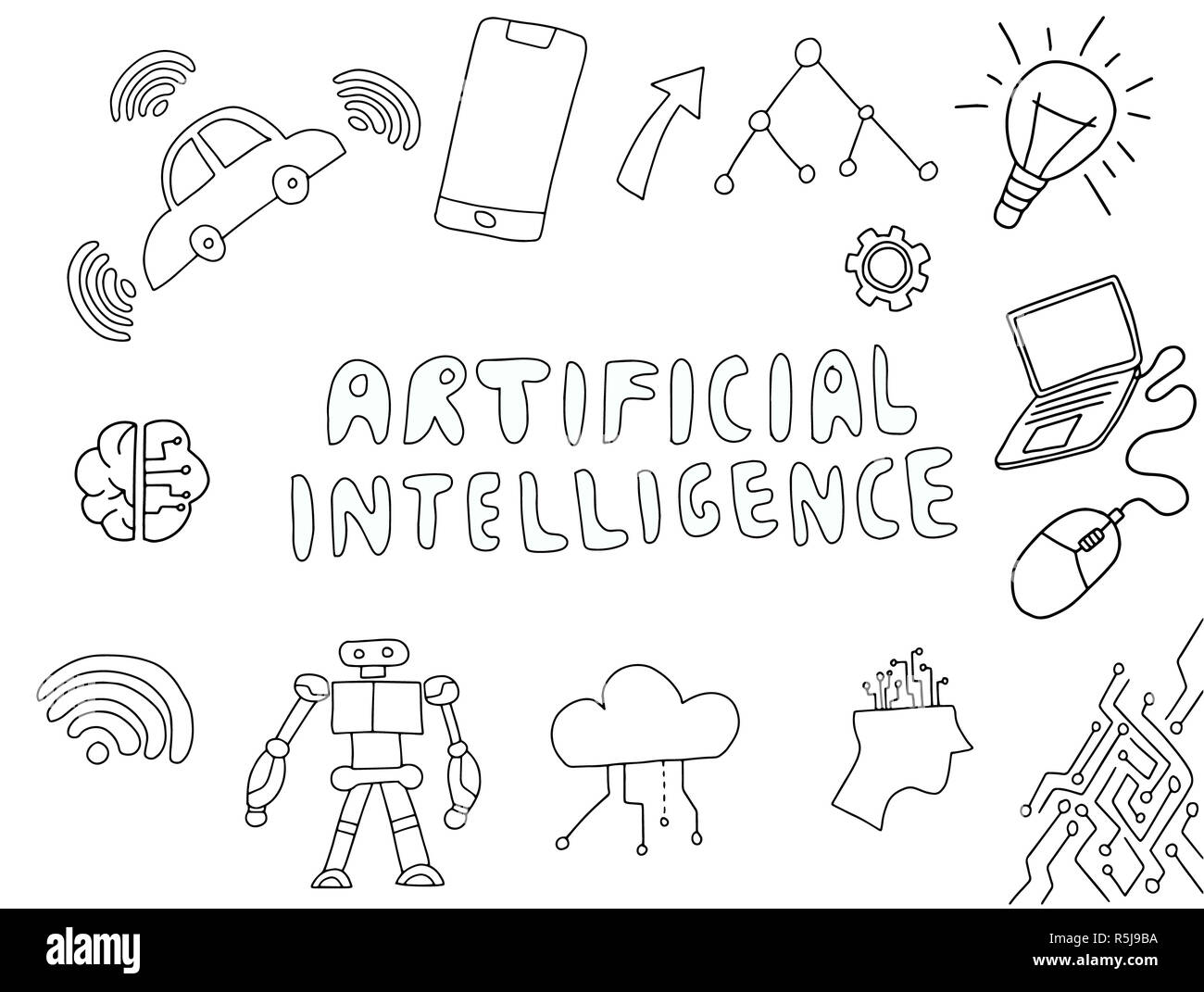 ai artificial intelligence doodle with technology stuff vector ...
