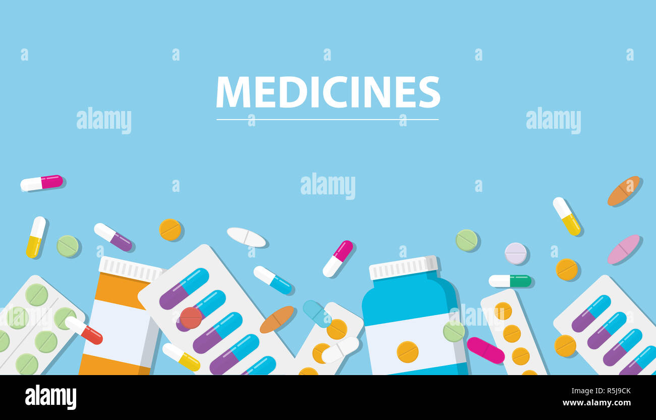 medicines drug collection with banner free space with blue background ...