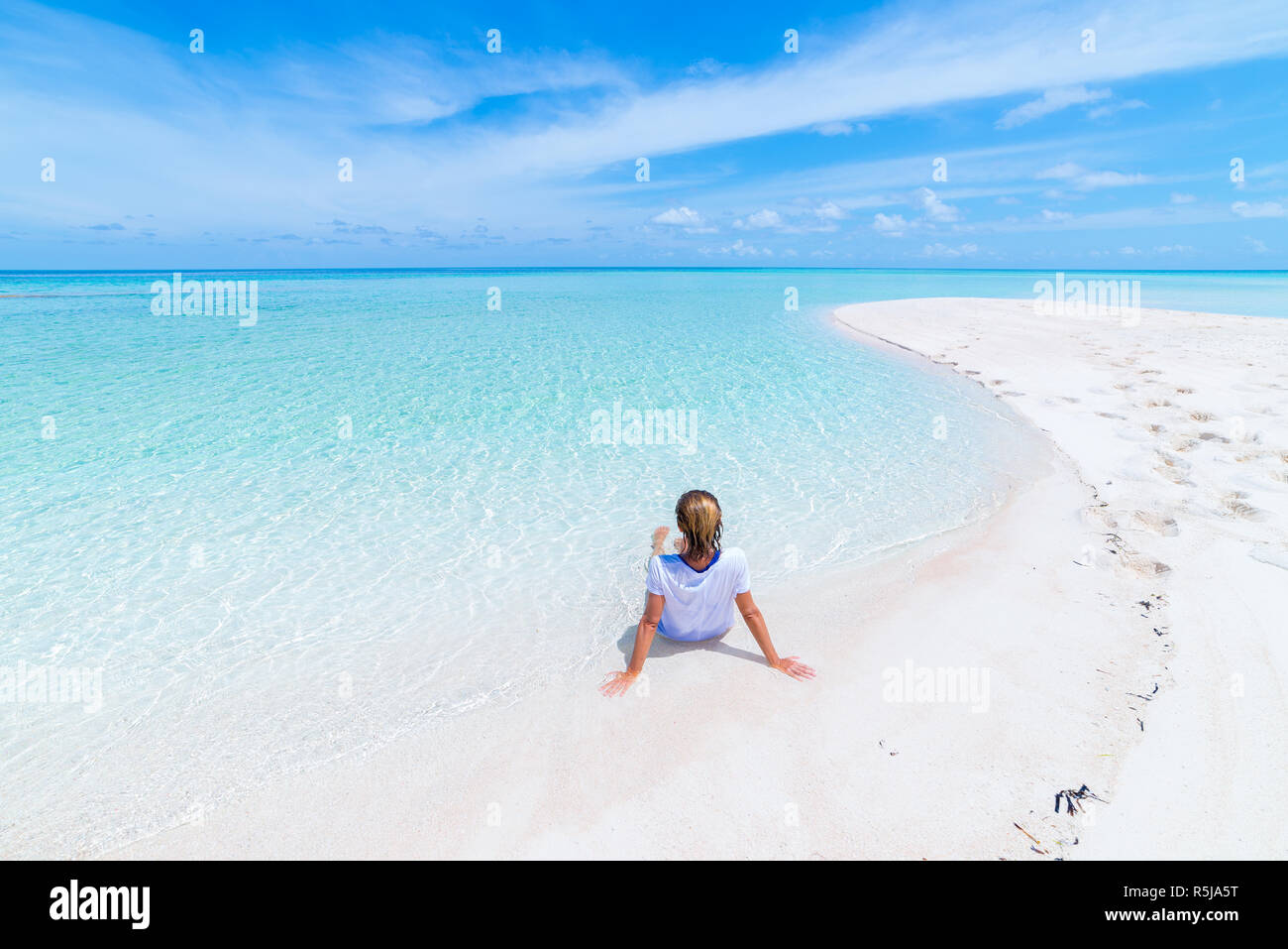 Woman sunbathing on scenic white sand beach, rear view, sunny day ...