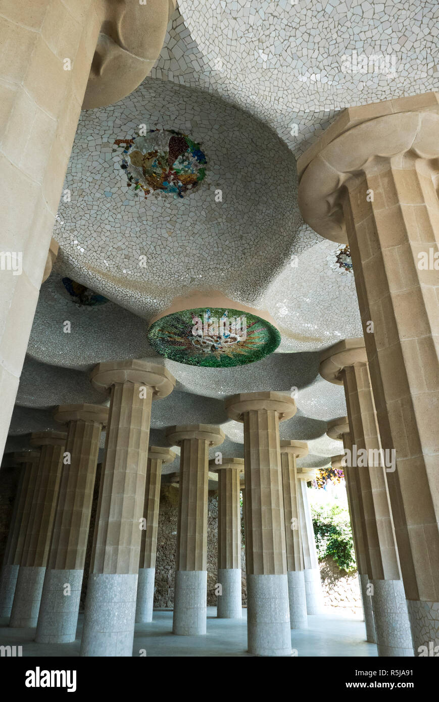 The decorative ceiling within the Doric pillars of the hypostyle hall ...