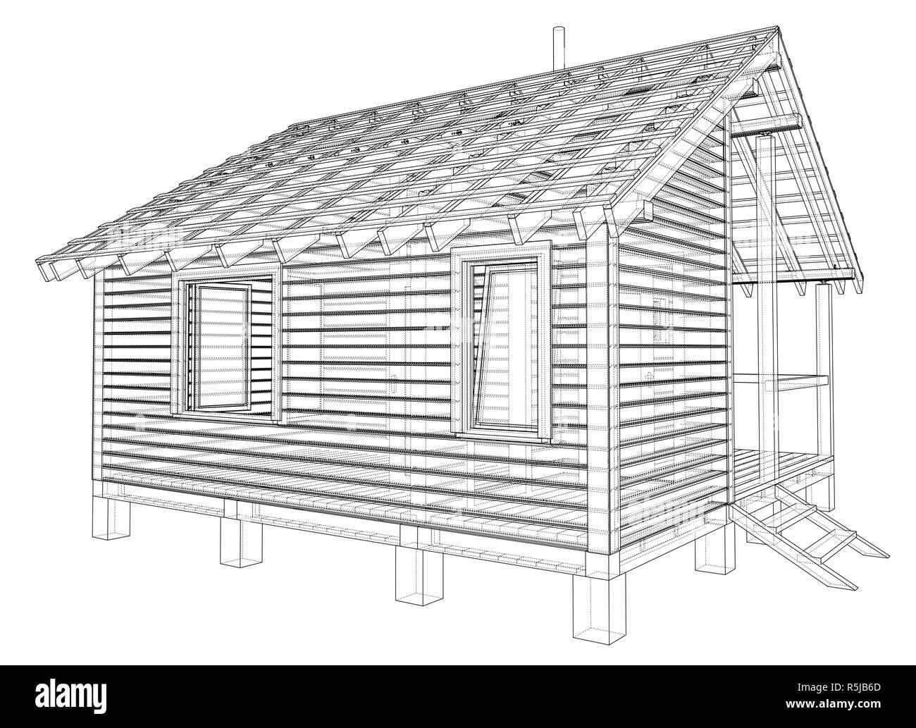 Sketch of small house. Wire-frame style. 3d illustration Stock Photo ...