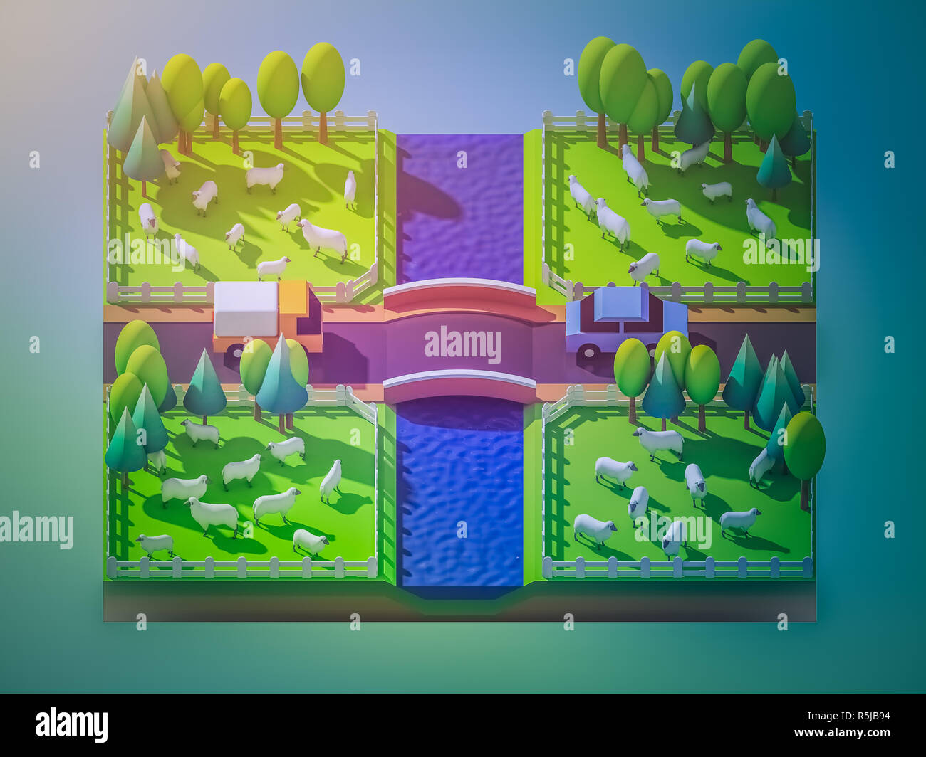 Sheep in the landscape, isometric view Stock Photo - Alamy