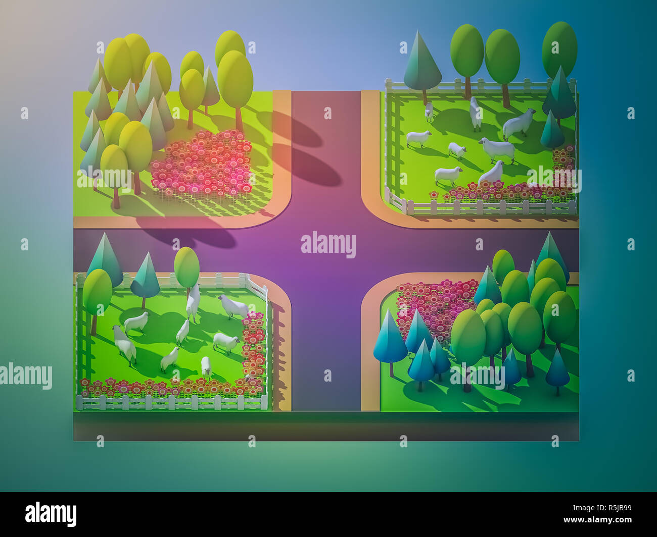 Sheep in the landscape, isometric view Stock Photo - Alamy