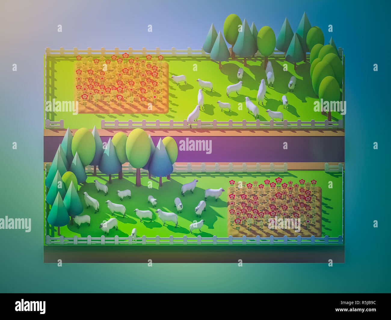 Sheep in the landscape, isometric view Stock Photo - Alamy