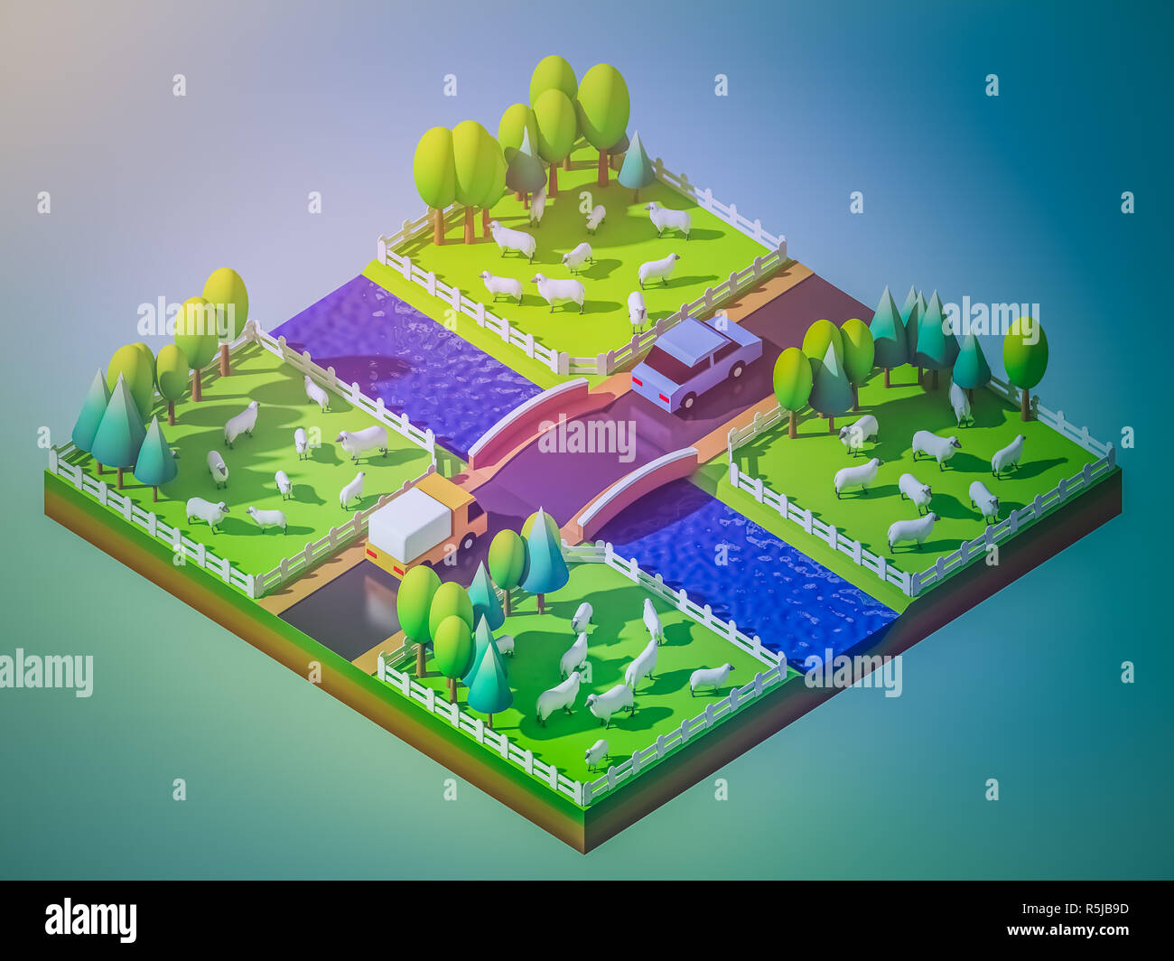 Sheep in the landscape, isometric view Stock Photo - Alamy