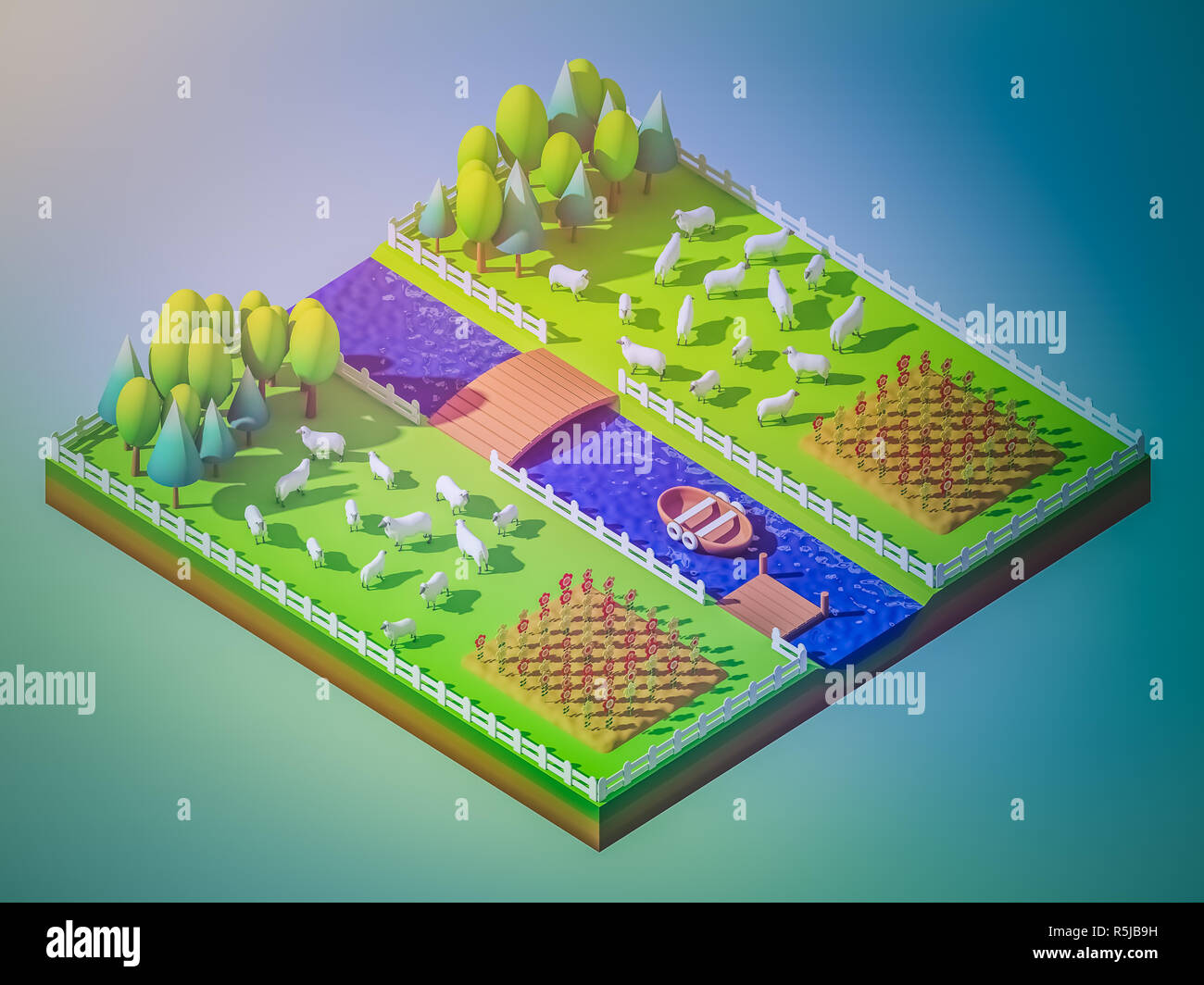 Sheep in the landscape, isometric view Stock Photo - Alamy