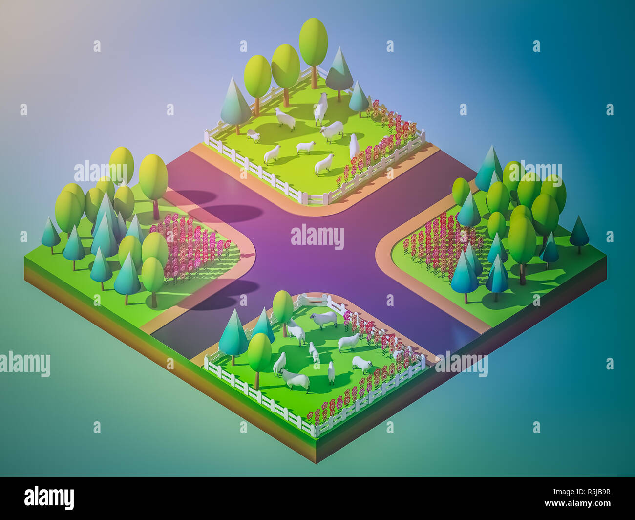 Sheep in the landscape, isometric view Stock Photo - Alamy