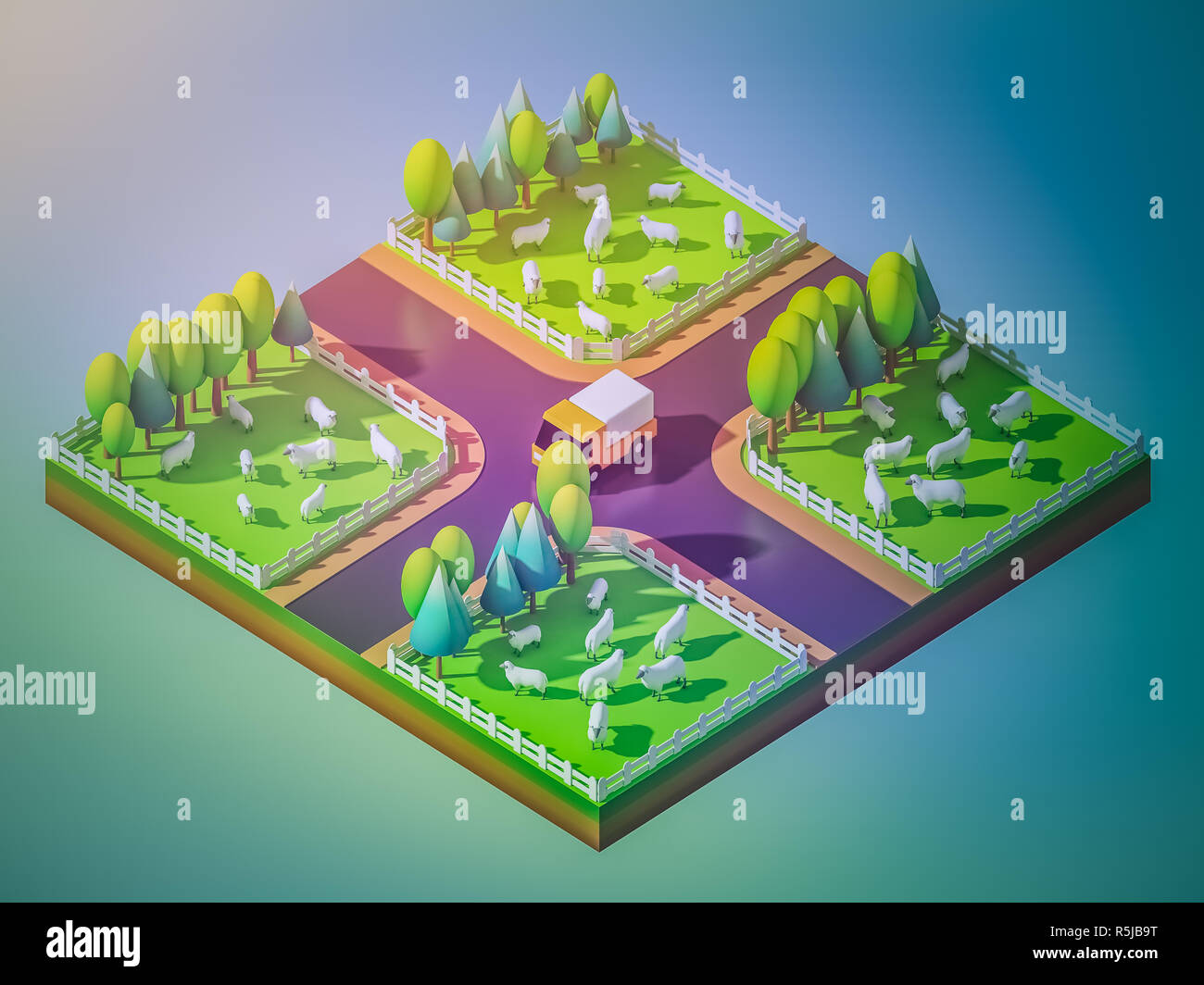 Sheep in the landscape, isometric view Stock Photo - Alamy