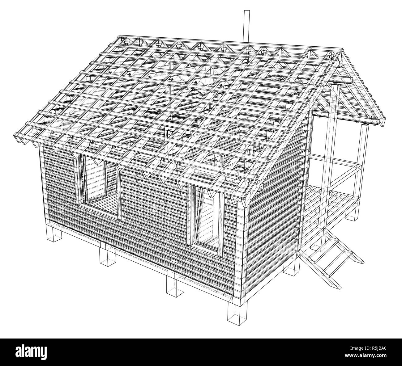 Sketch of small house. Wire-frame style. 3d illustration Stock Photo ...
