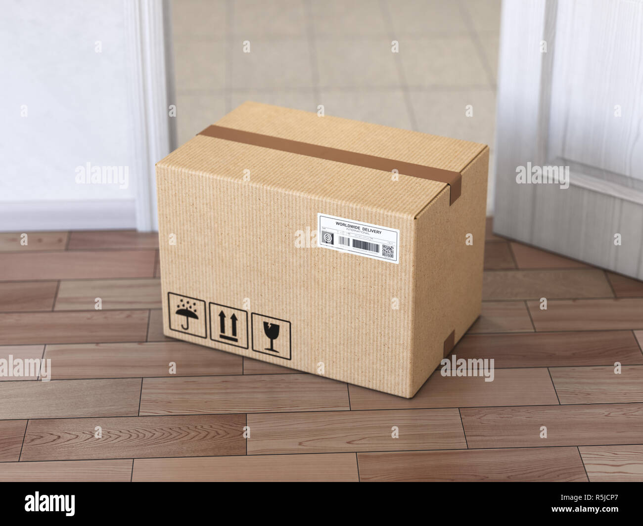 Delivery service concept.. Cardboard box front of entrance open door ...