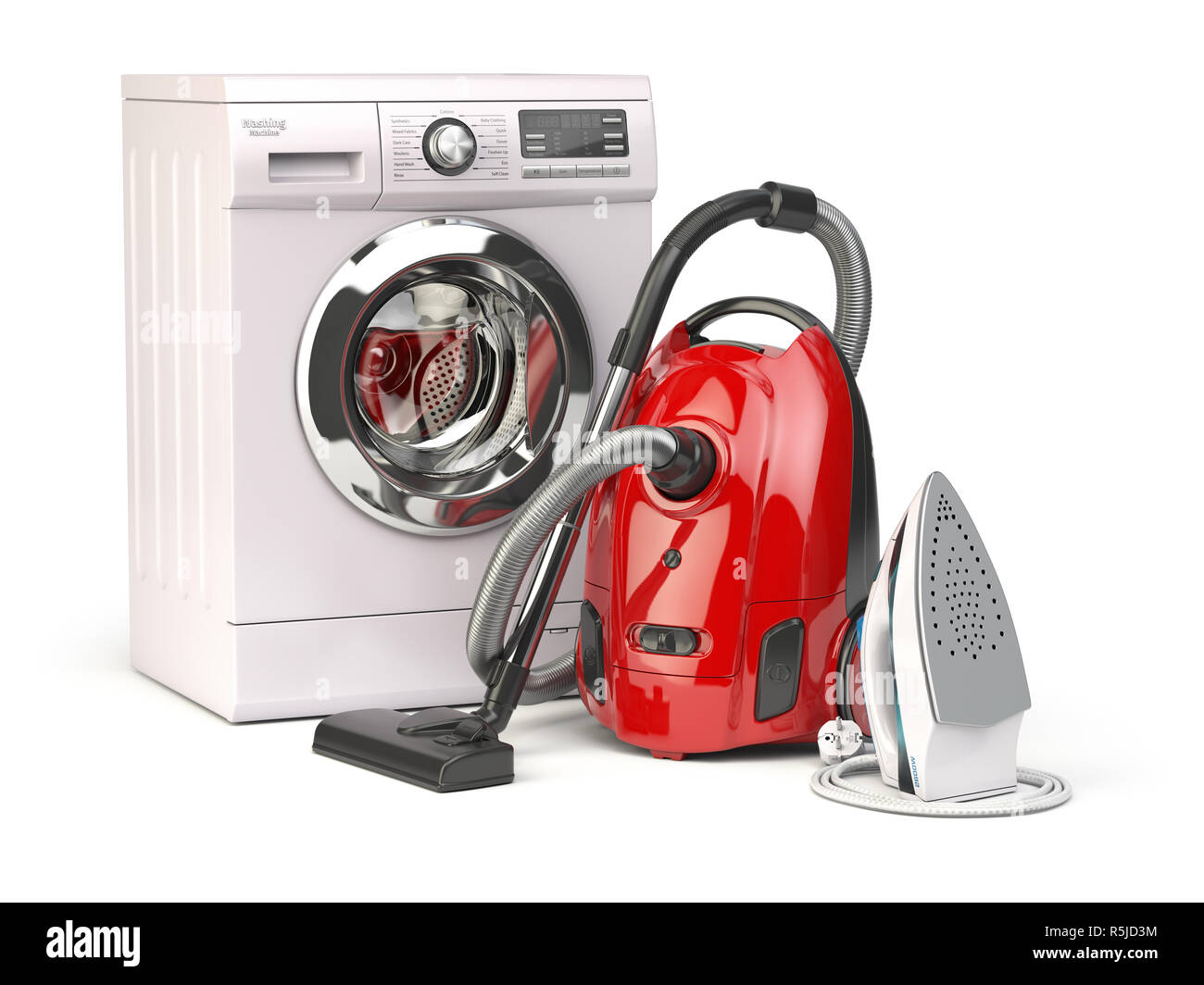 Home appliances. Group of vacuum cleaner, iron and washing machine ...