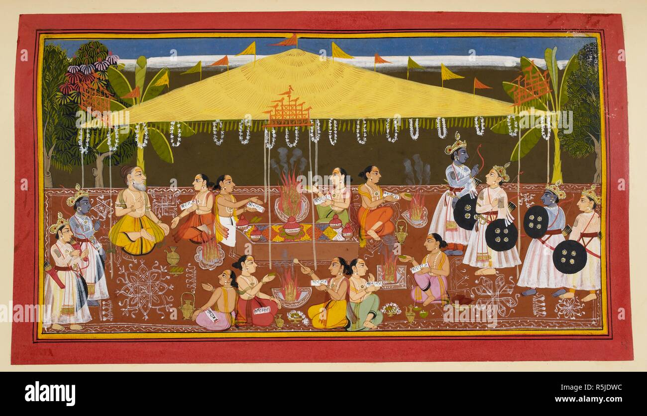 Yellow canopy. Ramayana, Bala Kanda. Udaipur, 1712. Figures under a ...