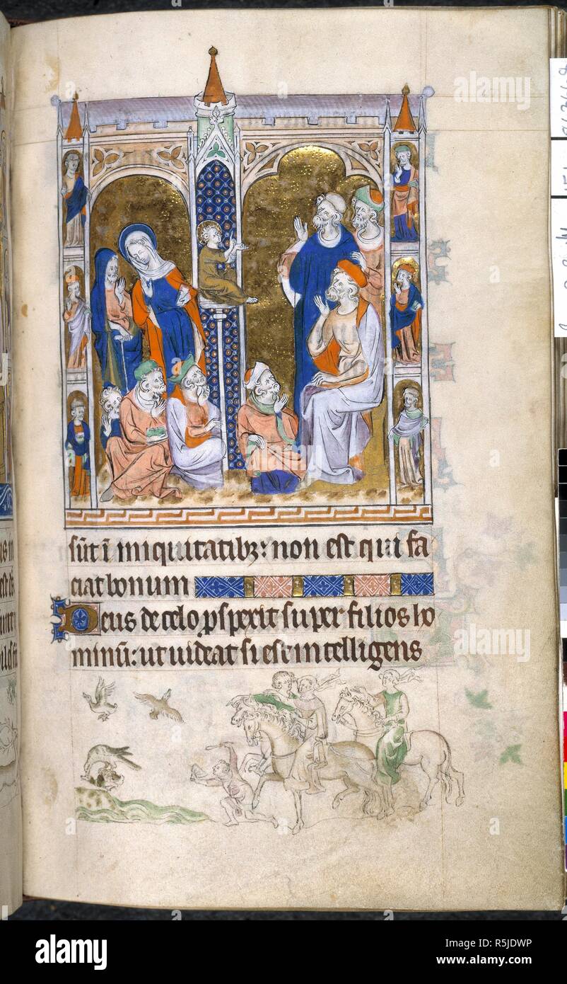 Jesus in the Temple; hawking. Queen Mary Psalter. England (London ...