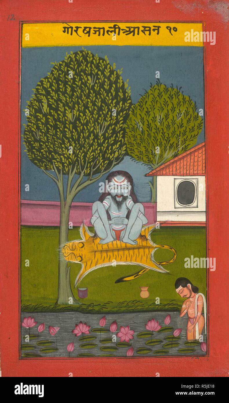A yogi. Asanas and Mudras (Hata yoga). 19th century. A yogi on a tiger ...