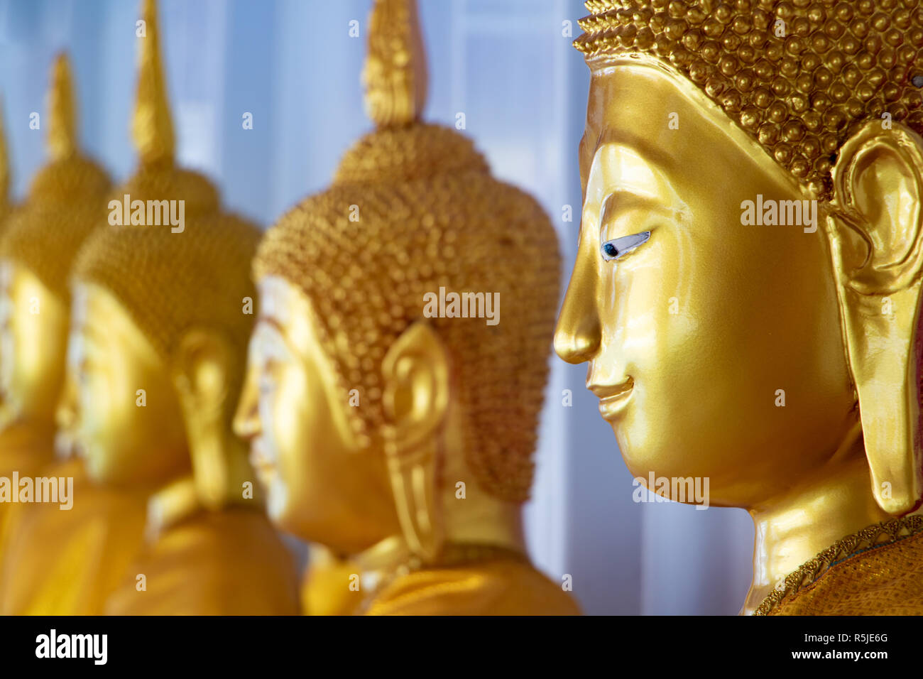A line of golden statues of the Buddha at Buddhist temple in Thailand ...