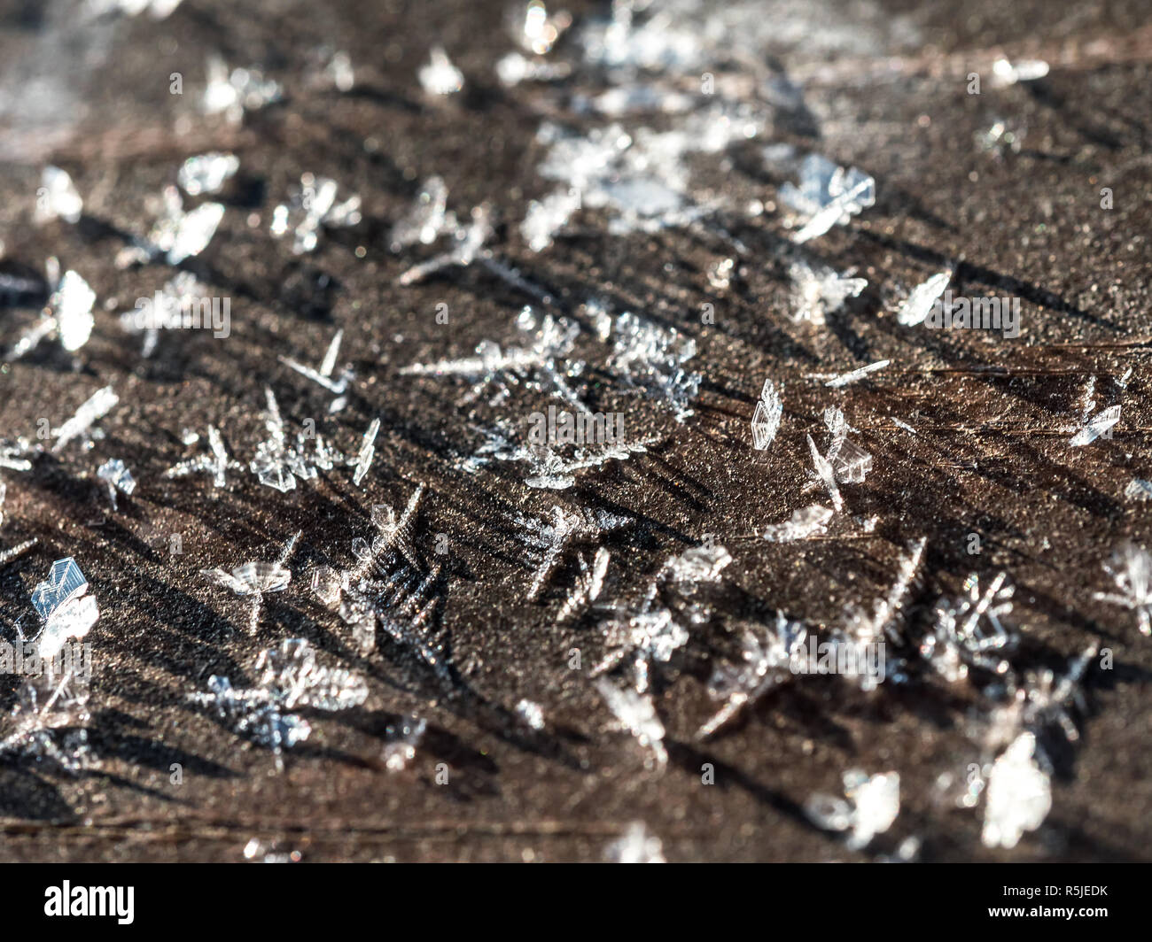Frost crystals forming beautiful geometrical shapes on wood surface ...