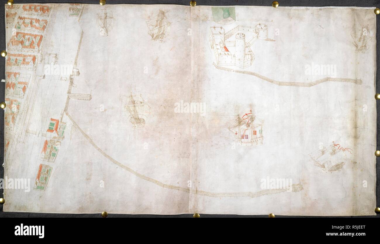 Calais Town and Harbour. 16th century. (Whole map) Plan of Calais Town ...
