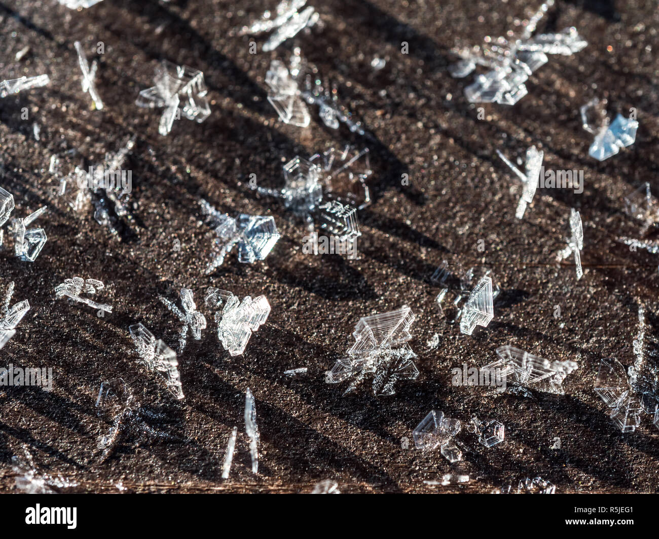 Frost crystals forming beautiful geometrical shapes on wood surface ...
