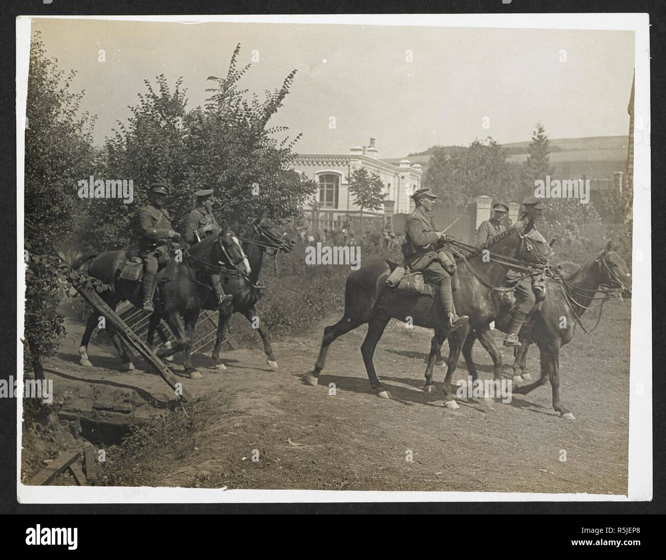 British cavalry turning off the road to water horses on the march ...
