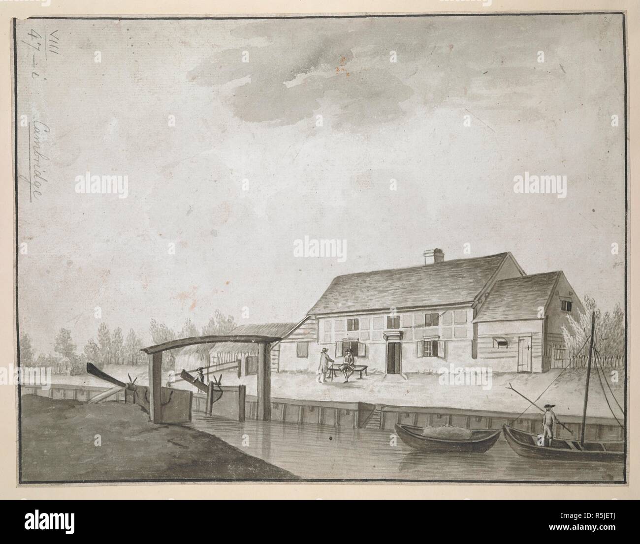 A view of Baits Bite lock on the River Cam, Cambridge; a figure on a ...