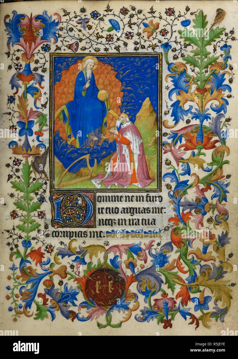 Penitential Psalms. David penitent, with his harp by him, kneels before ...