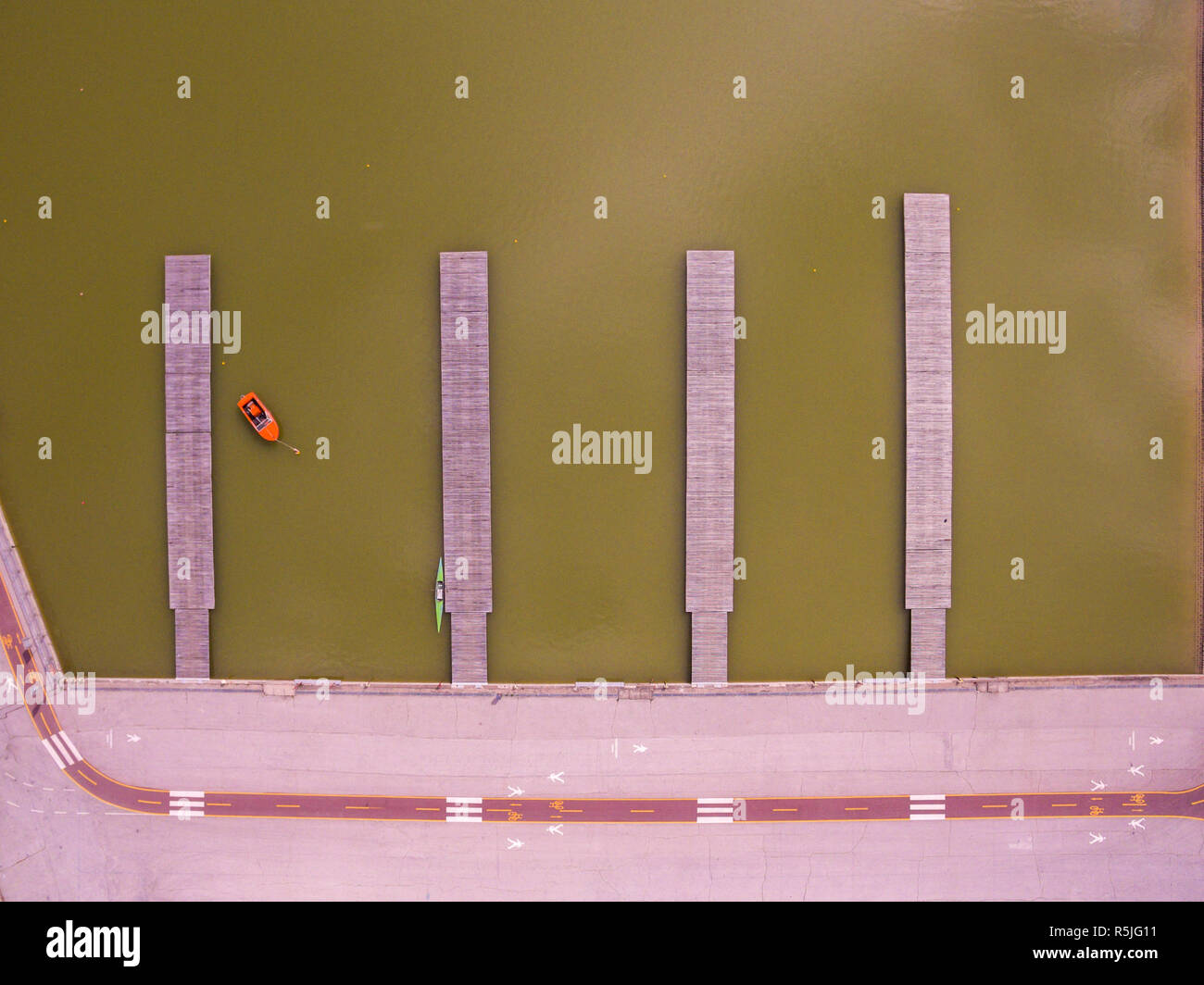 Aerial view of the piers on the rowing channel in Plovdiv, Bulgaria ...