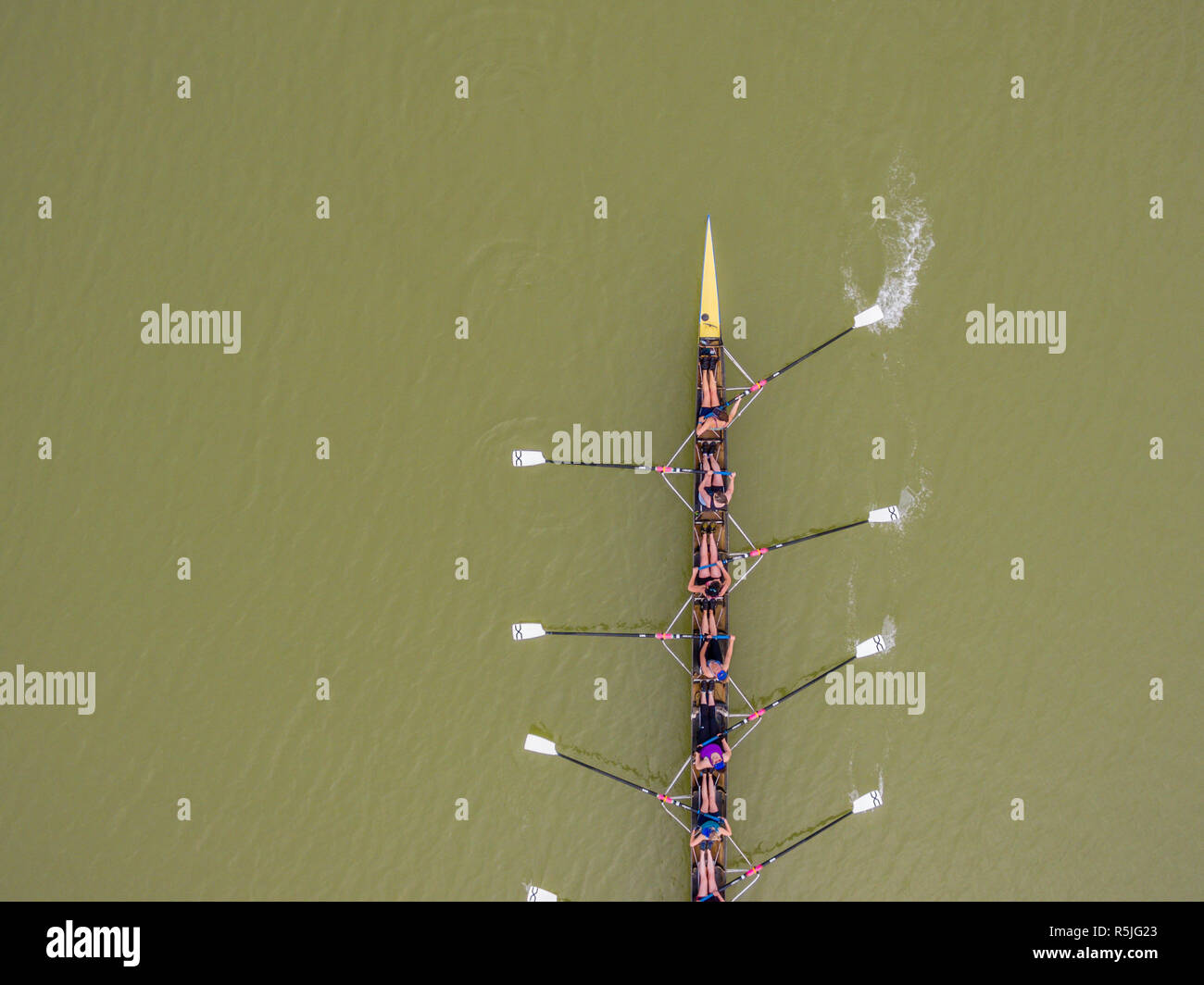 PLOVDIV, BULGARIA - JUNE 05, 2016 - Aerial view of eight women team ...