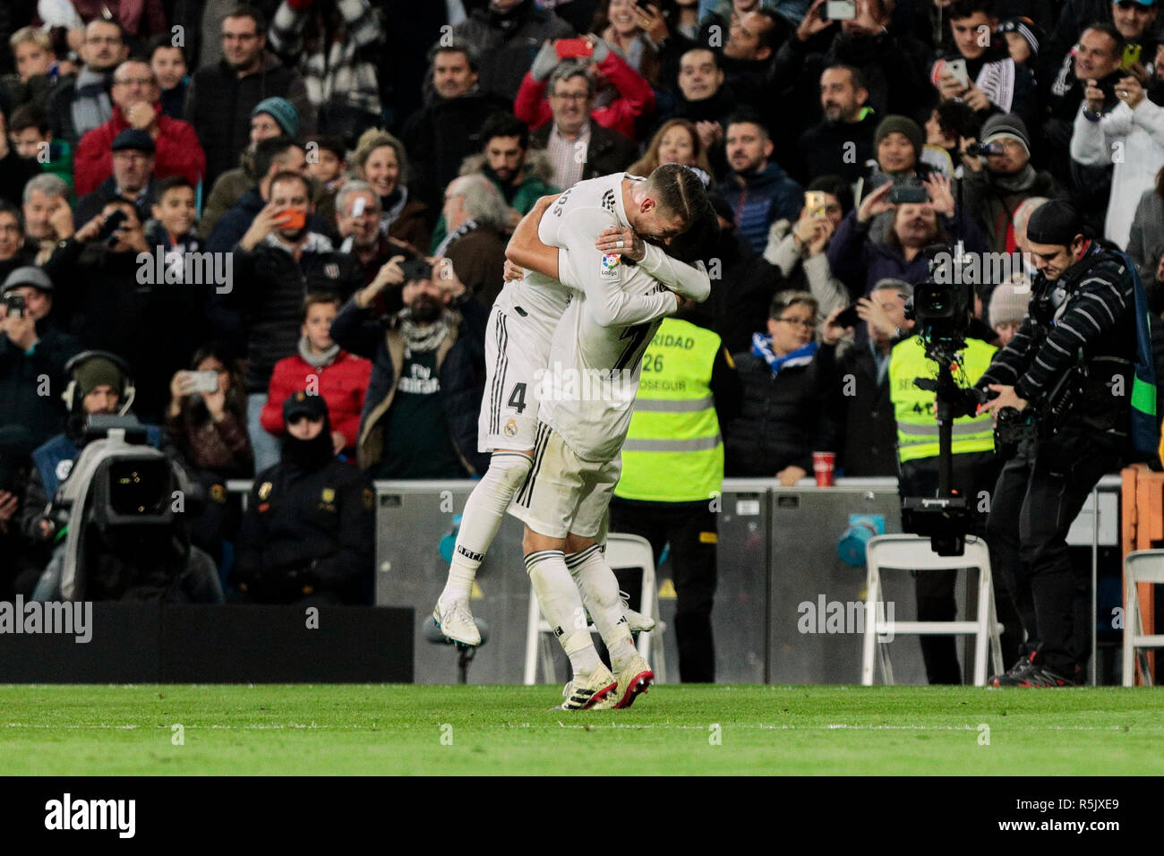Real Madrid's Sergio Ramos (L) and Lucas Vazquez (R) celebrate a goal ...