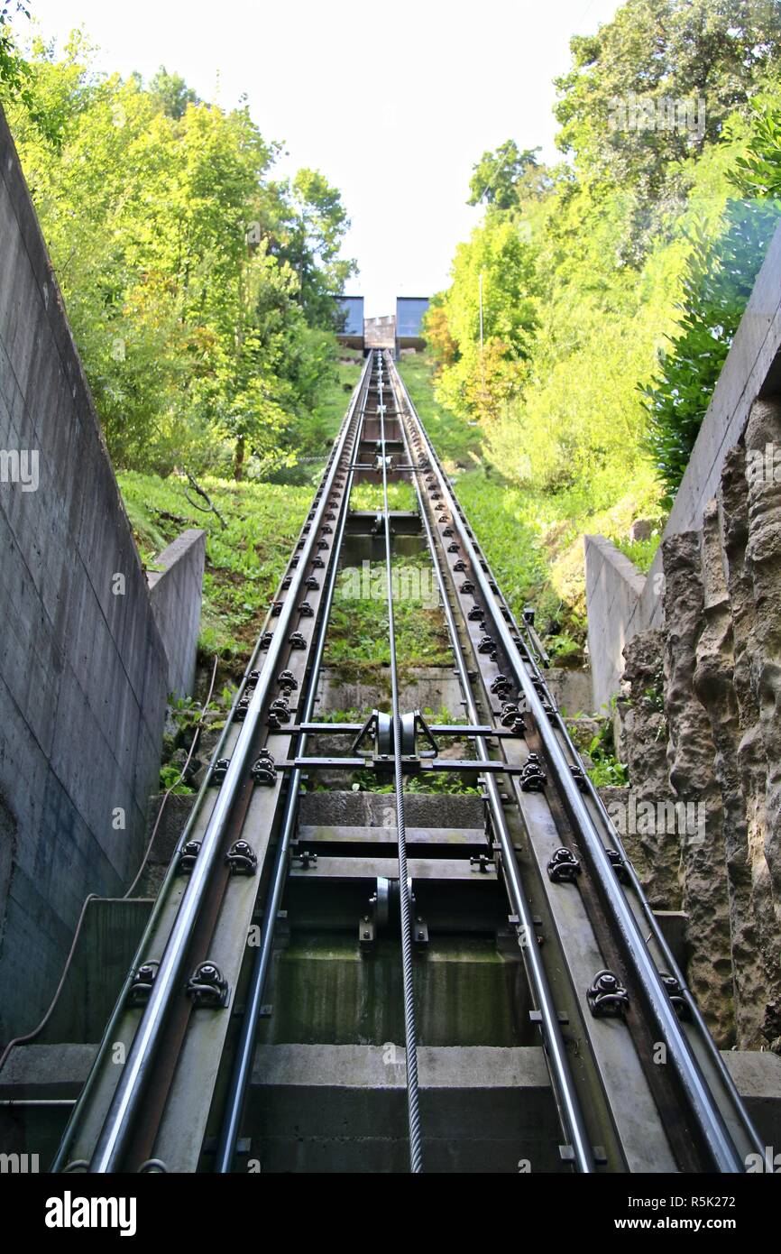 A funicular cable railway straight up a mountain in Europe Stock Photo ...